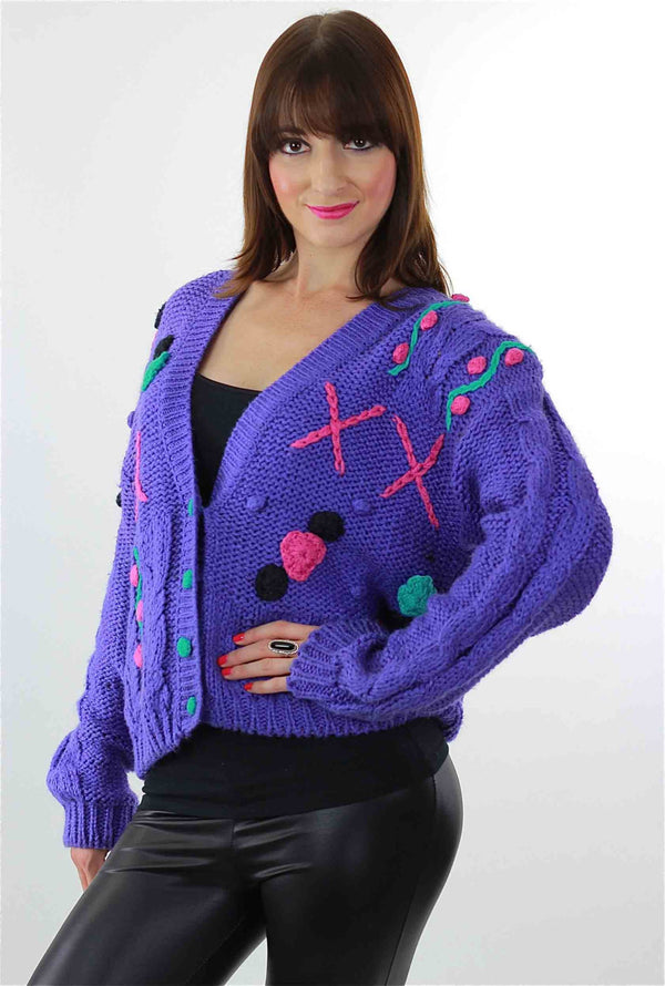 Cable knit Cardigan Applique Hand knit Purple floral sweater - shabbybabe